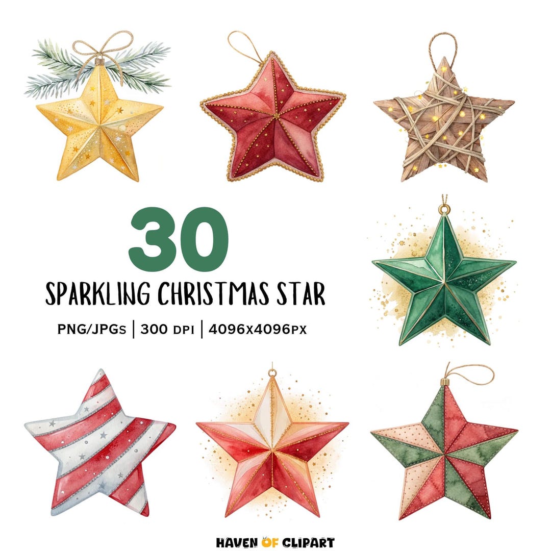 30 Christmas Star Ornament Clipart • Watercolor Glitter Accents ...
