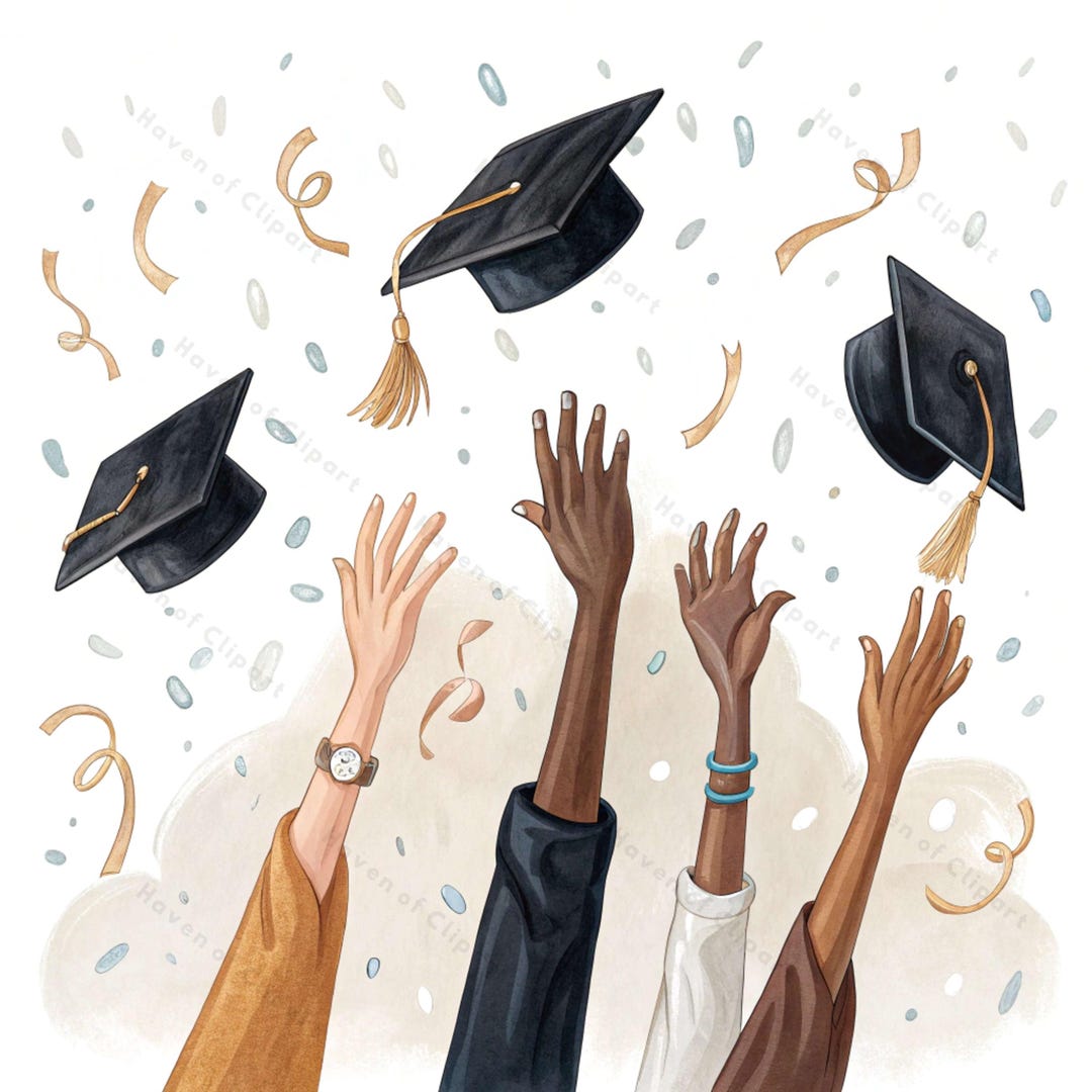 12 Graduation Cap Toss Clipart • Diverse Skin Tone Hands Throwing Black ...