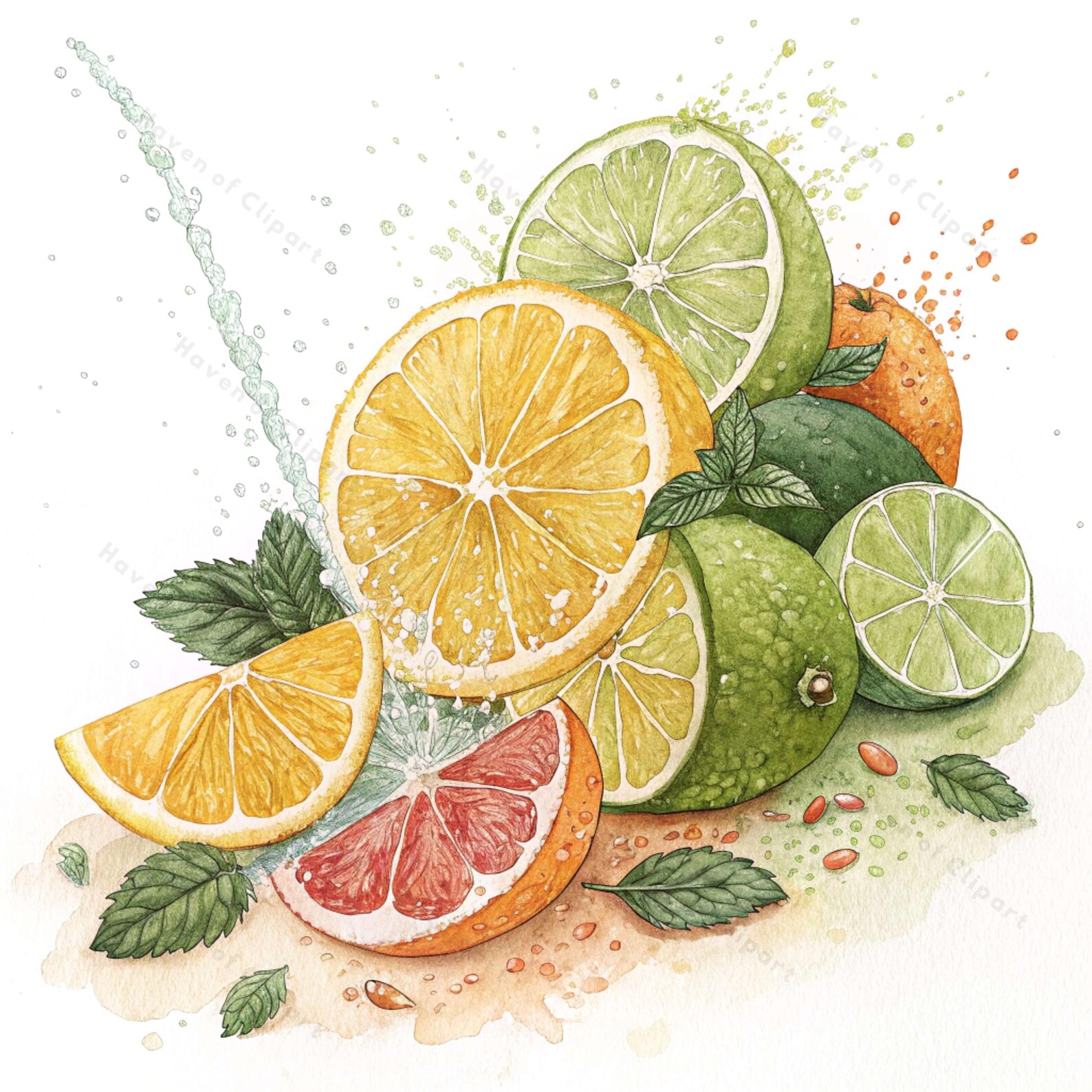 12 Citrus Slice Splash Clipart • Watercolor Lemon, Lime & Orange Fruit ...