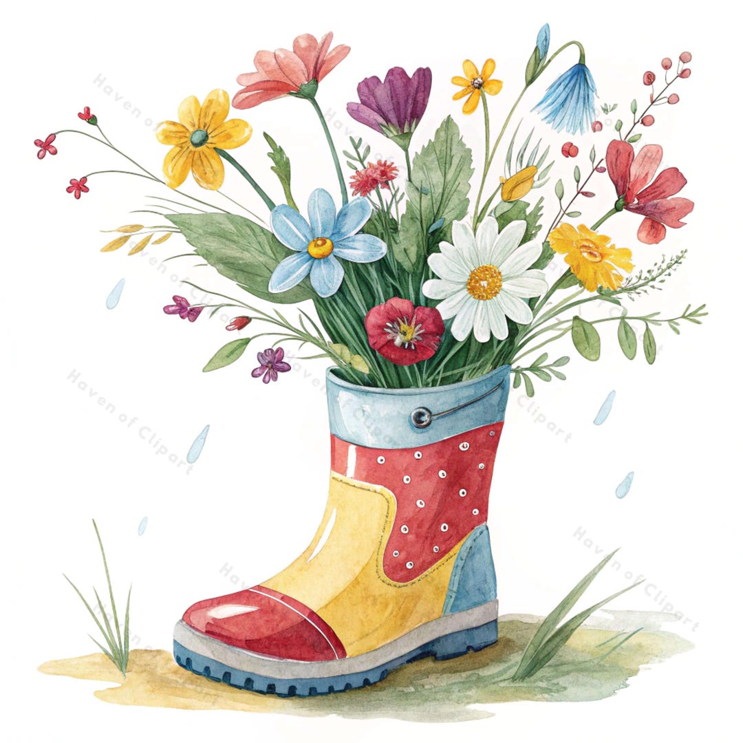 12 Watercolor Rain Boot Flower Planter Clipart • PNG/JPG • Playful ...