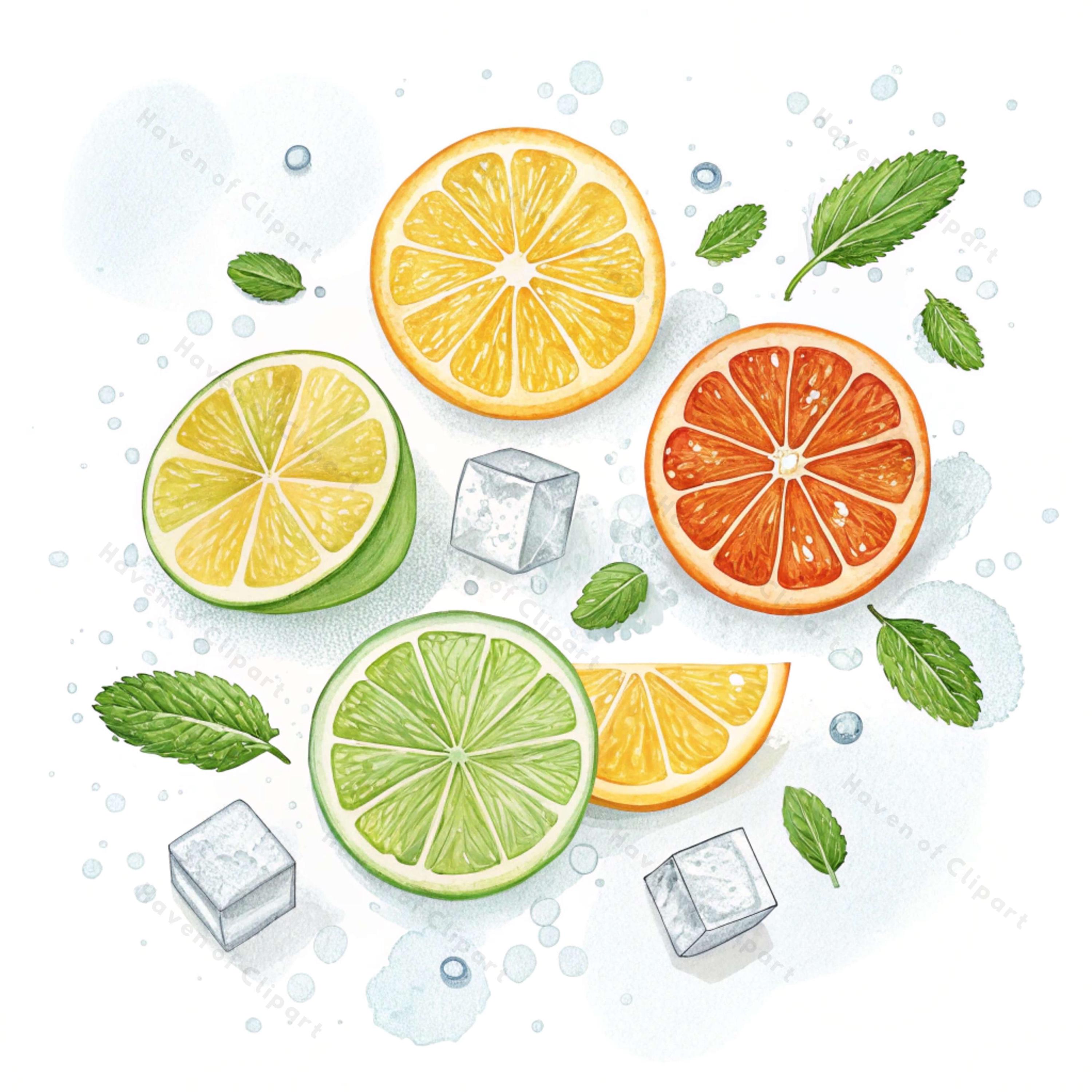 12 Citrus Slice Splash Clipart • Watercolor Lemon, Lime & Orange Fruit ...