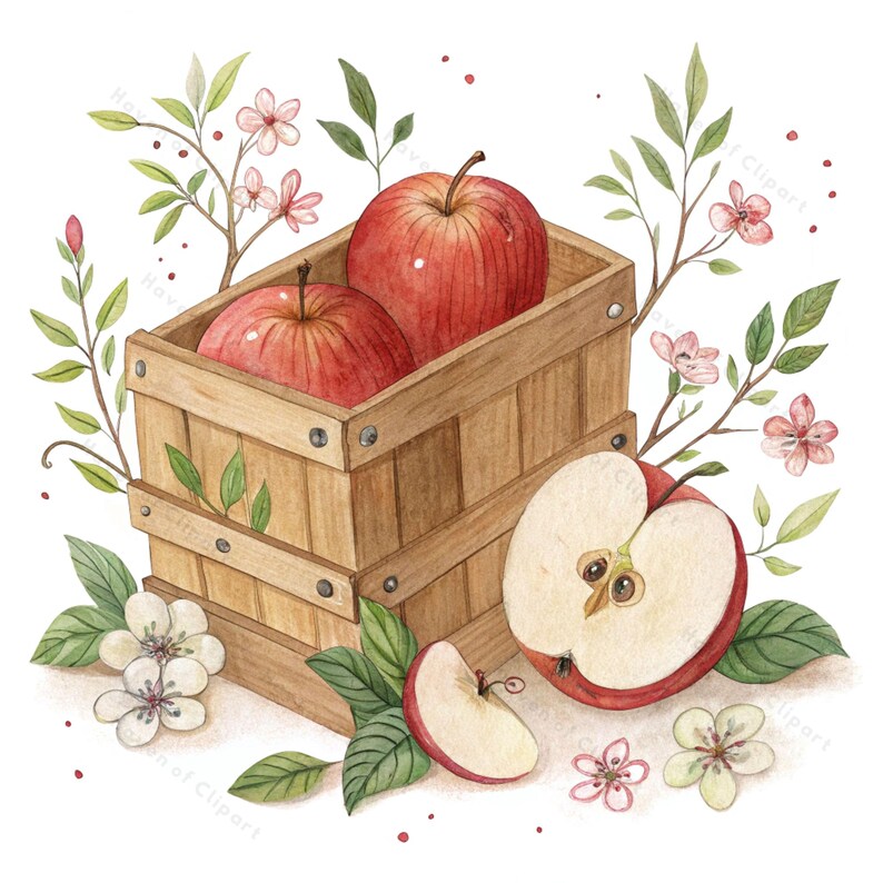 12 Apple Orchard Crate Clipart • Watercolor Red & Green Apples, Leaves ...