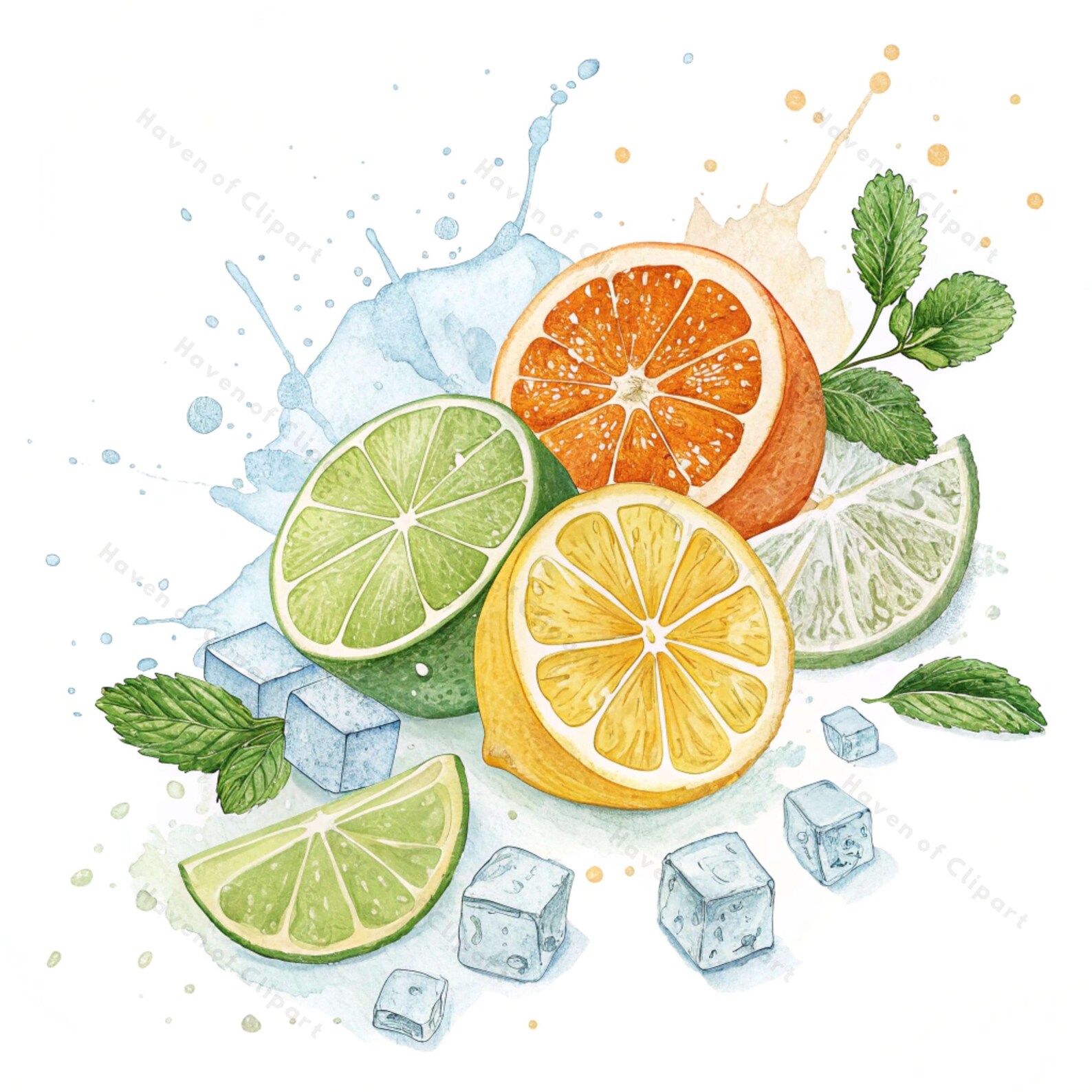 12 Citrus Slice Splash Clipart • Watercolor Lemon, Lime & Orange Fruit ...