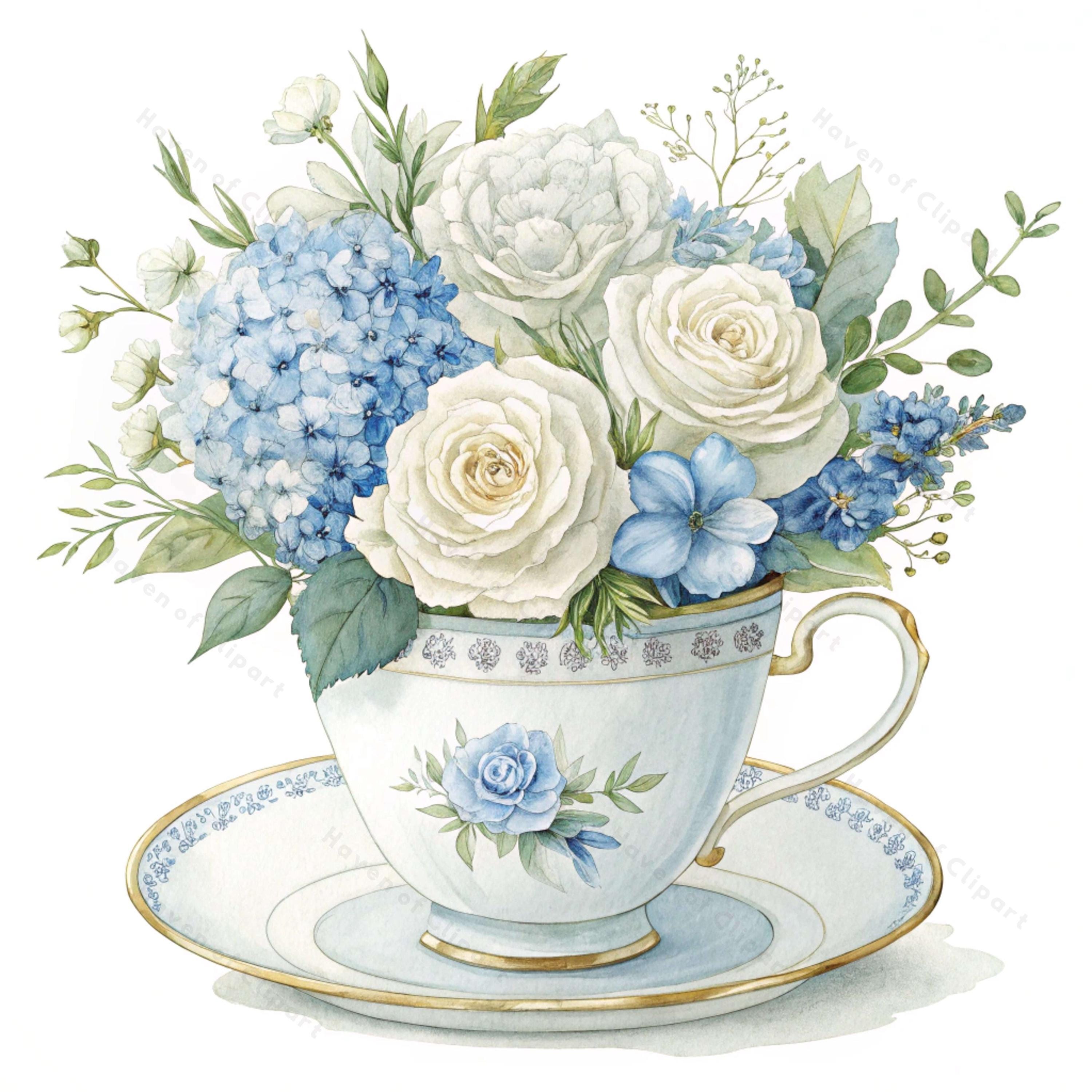 12 Watercolor Teacup With Blue & White Flowers Clipart • Vintage Floral ...