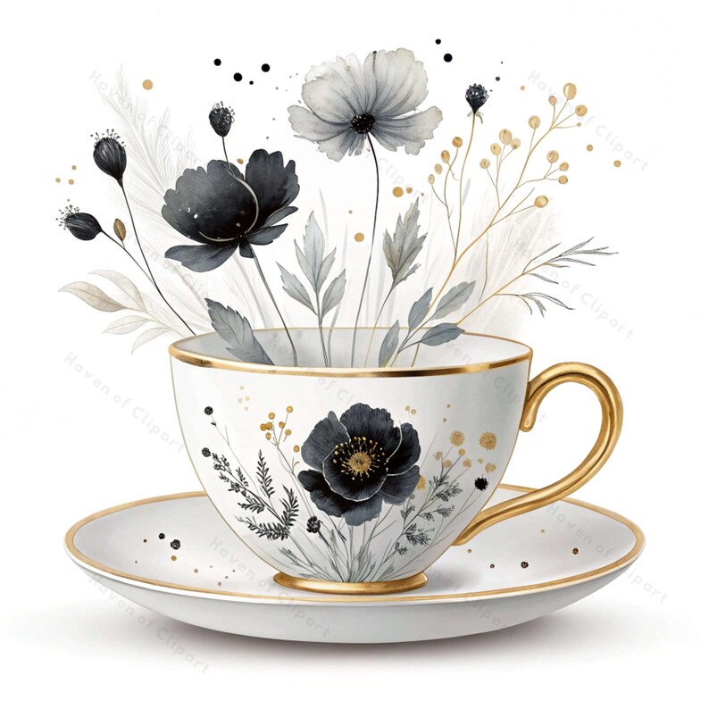 12 Watercolor Teacup With Abstract Black Flowers Clipart • PNG/JPG ...