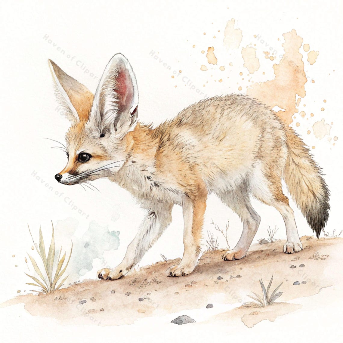 12 Fennec Fox Watercolor Clipart • Side Portrait With Big Ears & Soft ...