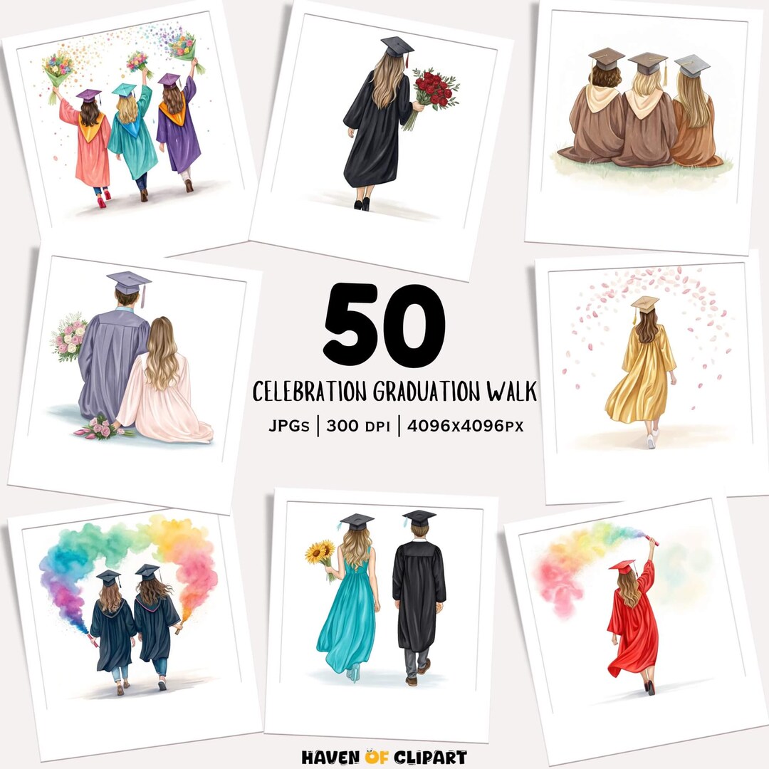 50 Graduation Unity Clipart Set • Watercolor Back View Graduates Girls ...