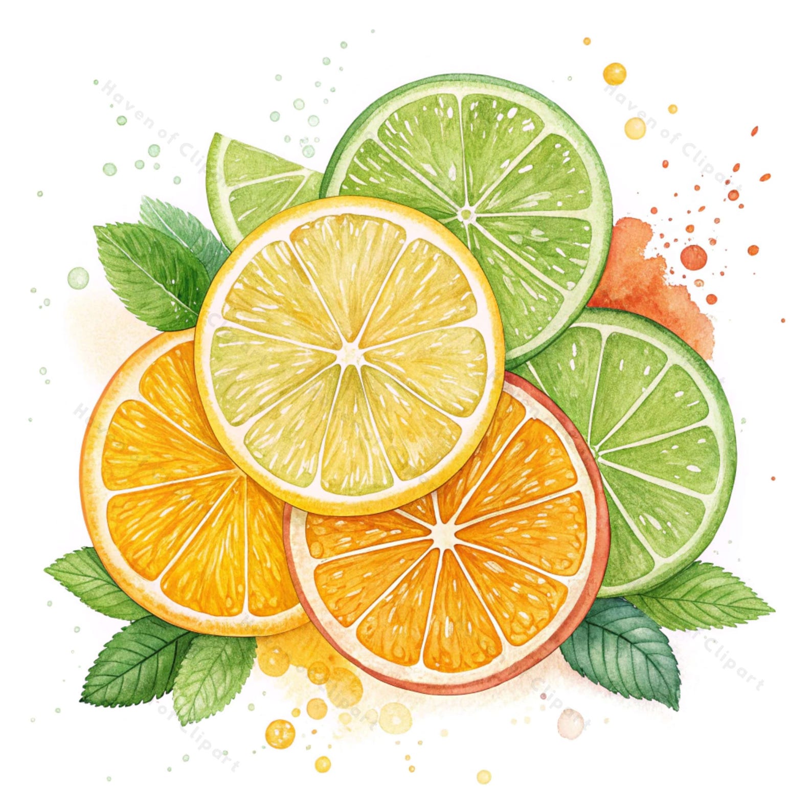 12 Citrus Slice Splash Clipart • Watercolor Lemon, Lime & Orange Fruit ...