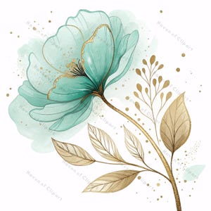 15 Mint Green and Gold Watercolor Flower Clipart • Abstract Botanical ...