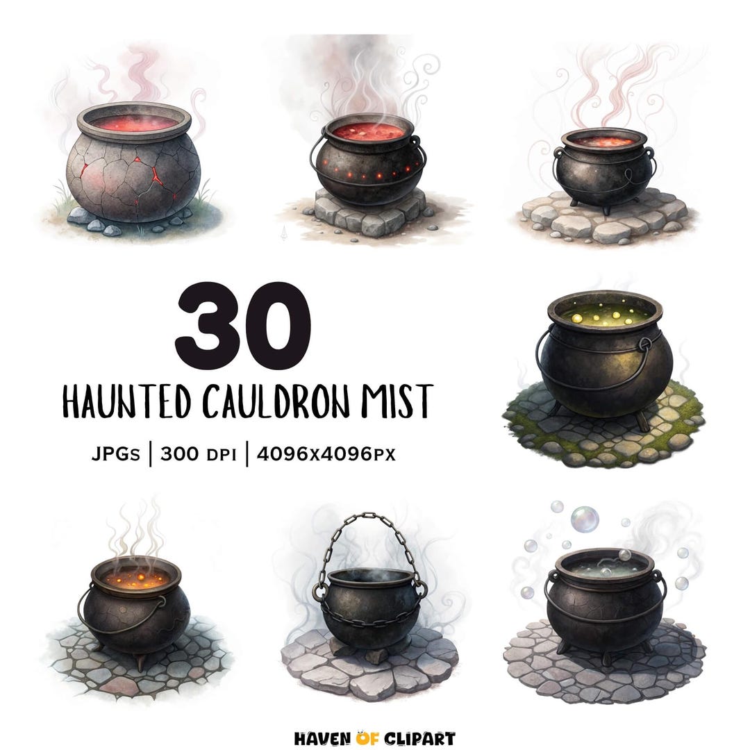 30 Haunted Cauldron Watercolor Clipart • Floating Ember Sparks & Arcane ...