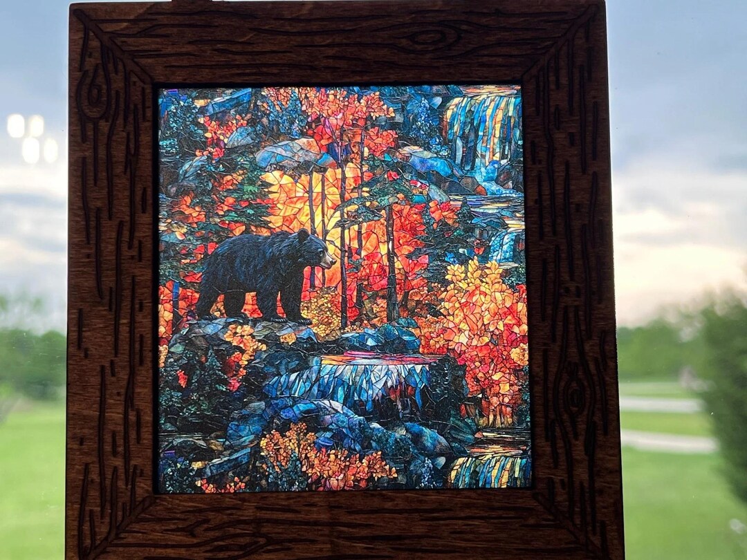 Bear in the Wilderness Suncatcher | Stained Glass Effect | Wood and ...