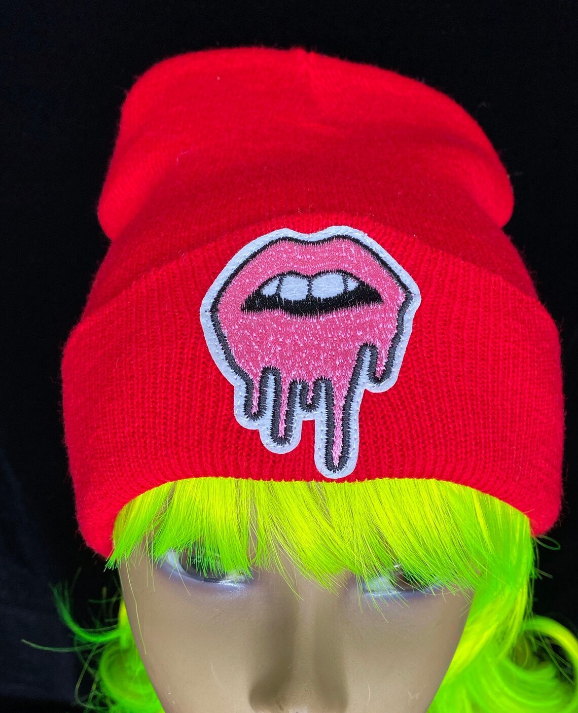 Black Beanie With Drippy Lips Patch, Neon Orange Beanie, Neon Green ...