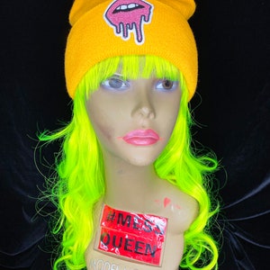 Black Beanie With Drippy Lips Patch, Neon Orange Beanie, Neon Green ...