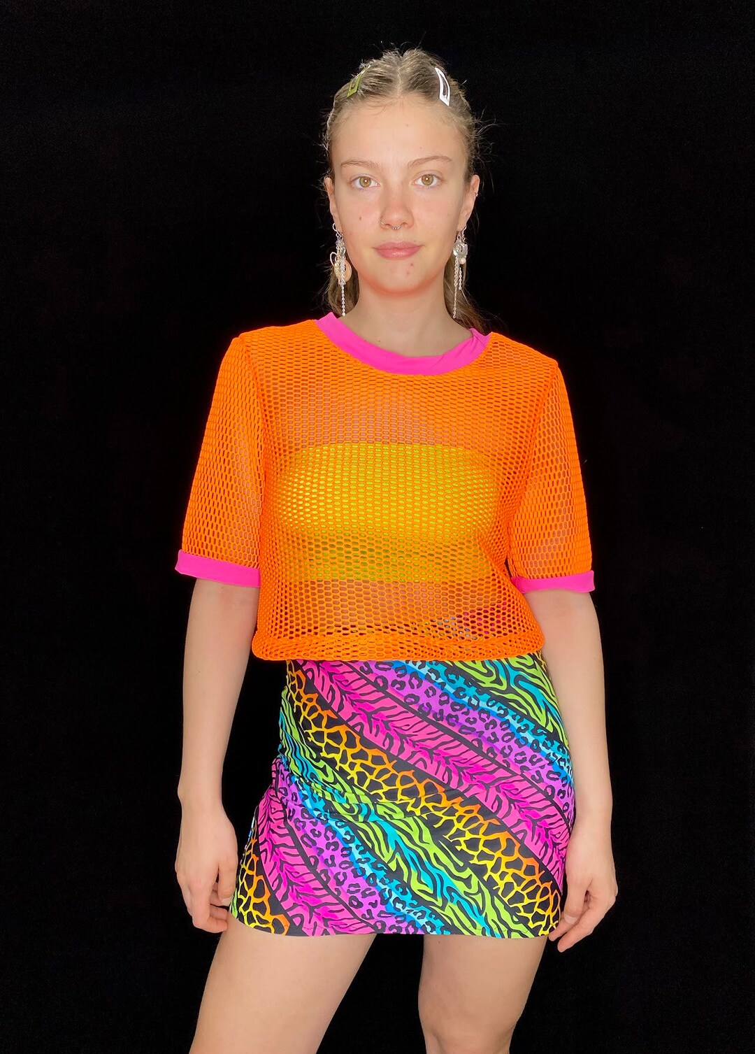 Neon Orange Mesh Crop Top- Y2kcroptop- Mesh Shirt- Sheer Crop Top ...