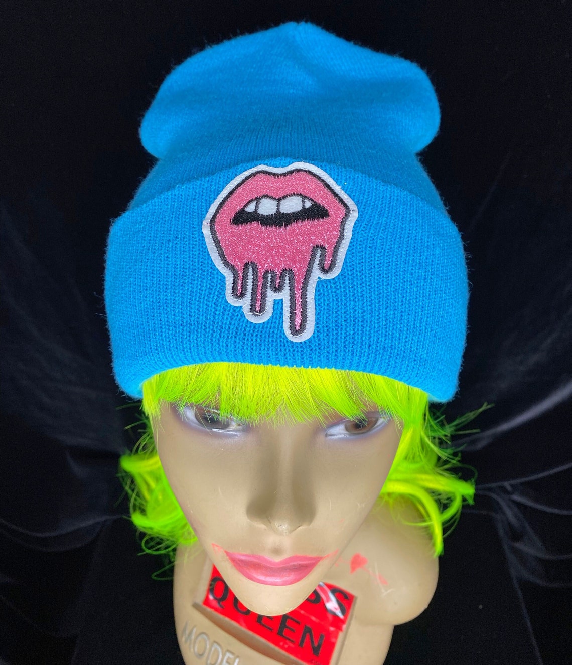 Black Beanie With Drippy Lips Patch, Neon Orange Beanie, Neon Green ...