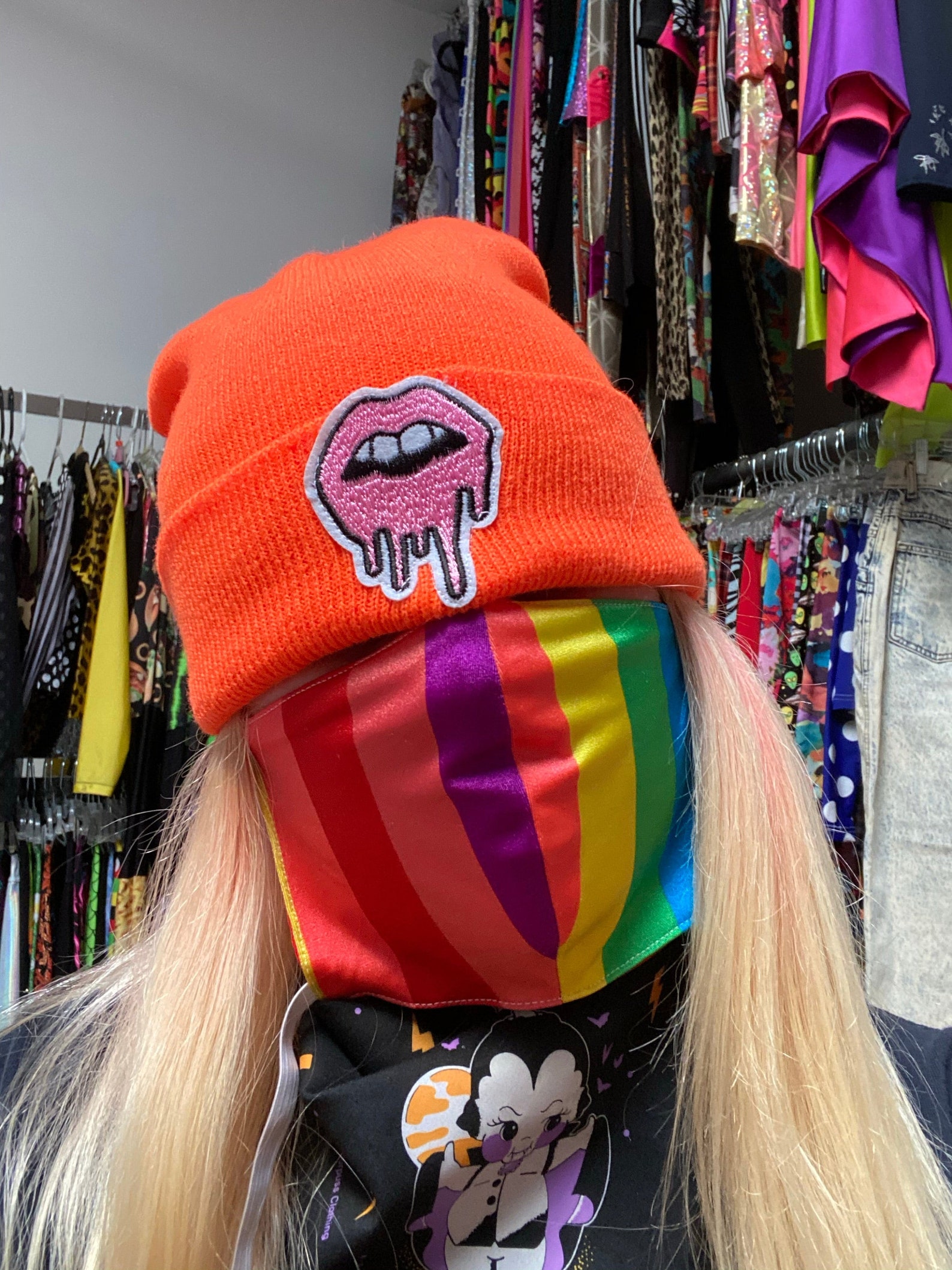 Black Beanie With Drippy Lips Patch, Neon Orange Beanie, Neon Green ...
