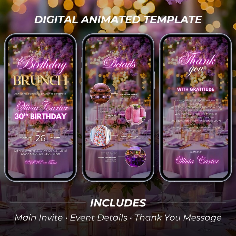Purple Floral Birthday Brunch Invitation: Animated Phone Evite (canva ...