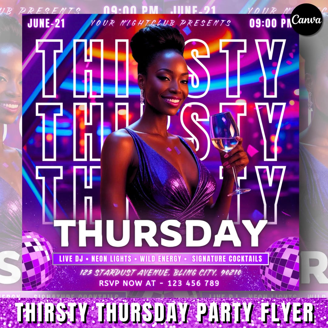 Thirsty Thursday Party Flyer: Neon Nightclub Event, Canva Template ...