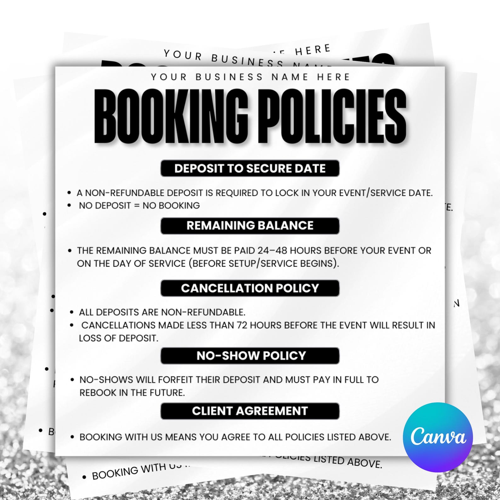 Editable Booking Policy Template | Deposit, Cancellation, No-show ...