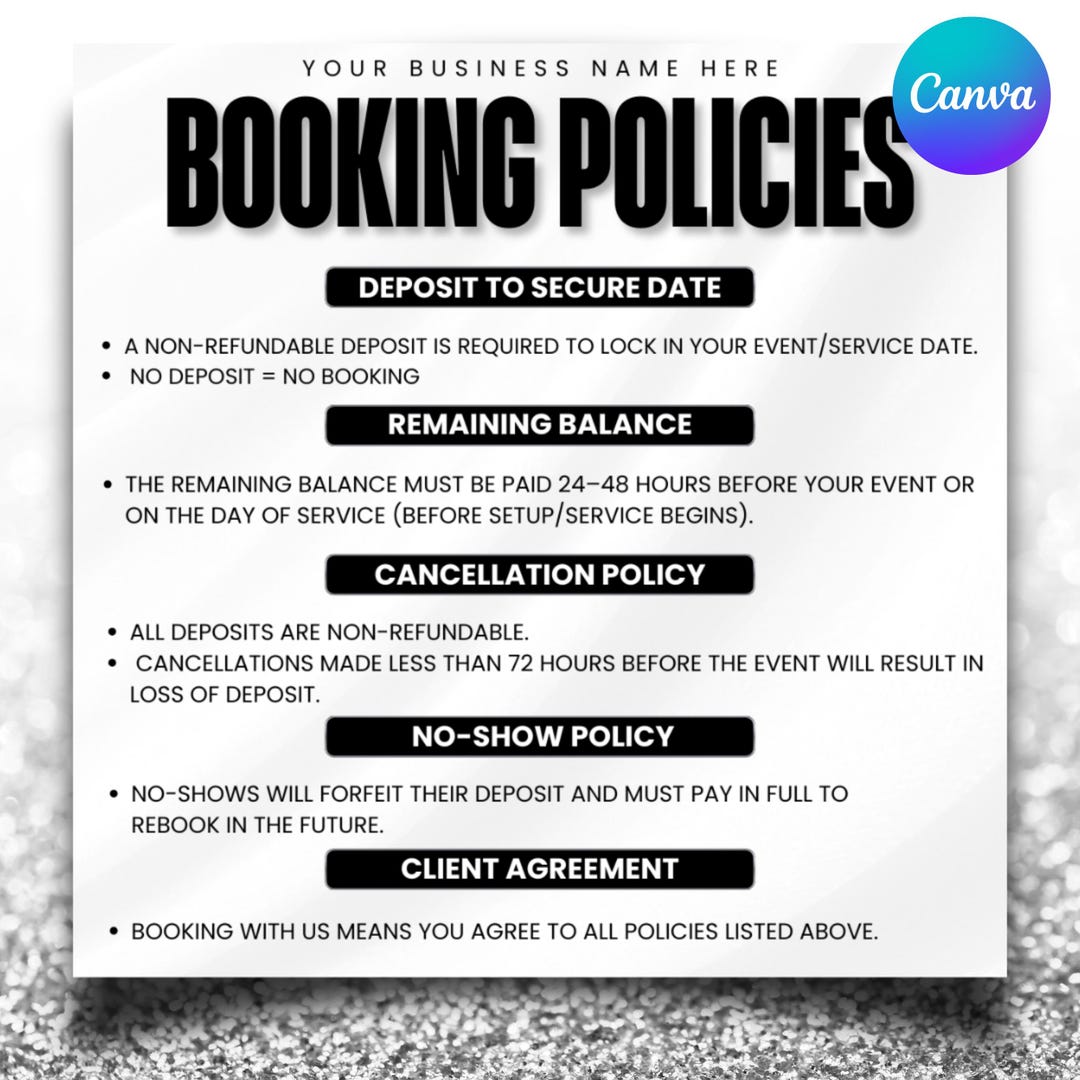 Editable Booking Policy Template | Deposit, Cancellation, No-show ...
