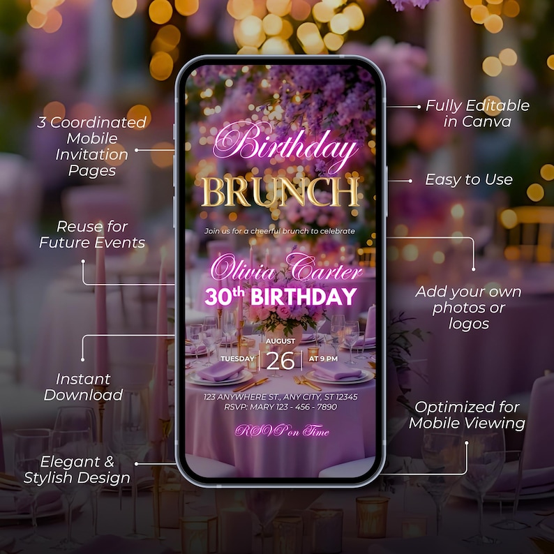Purple Floral Birthday Brunch Invitation: Animated Phone Evite (canva ...