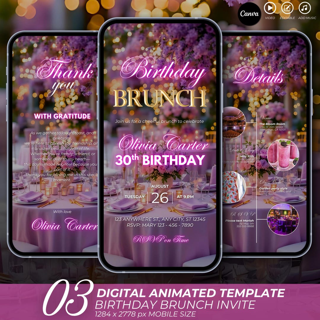 Purple Floral Birthday Brunch Invitation: Animated Phone Evite (canva ...