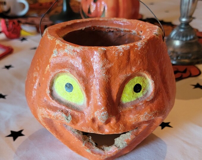 Vintage Halloween Paper Mache Pumpkin Bucket Pail Old Paper Pulp Jack-o ...