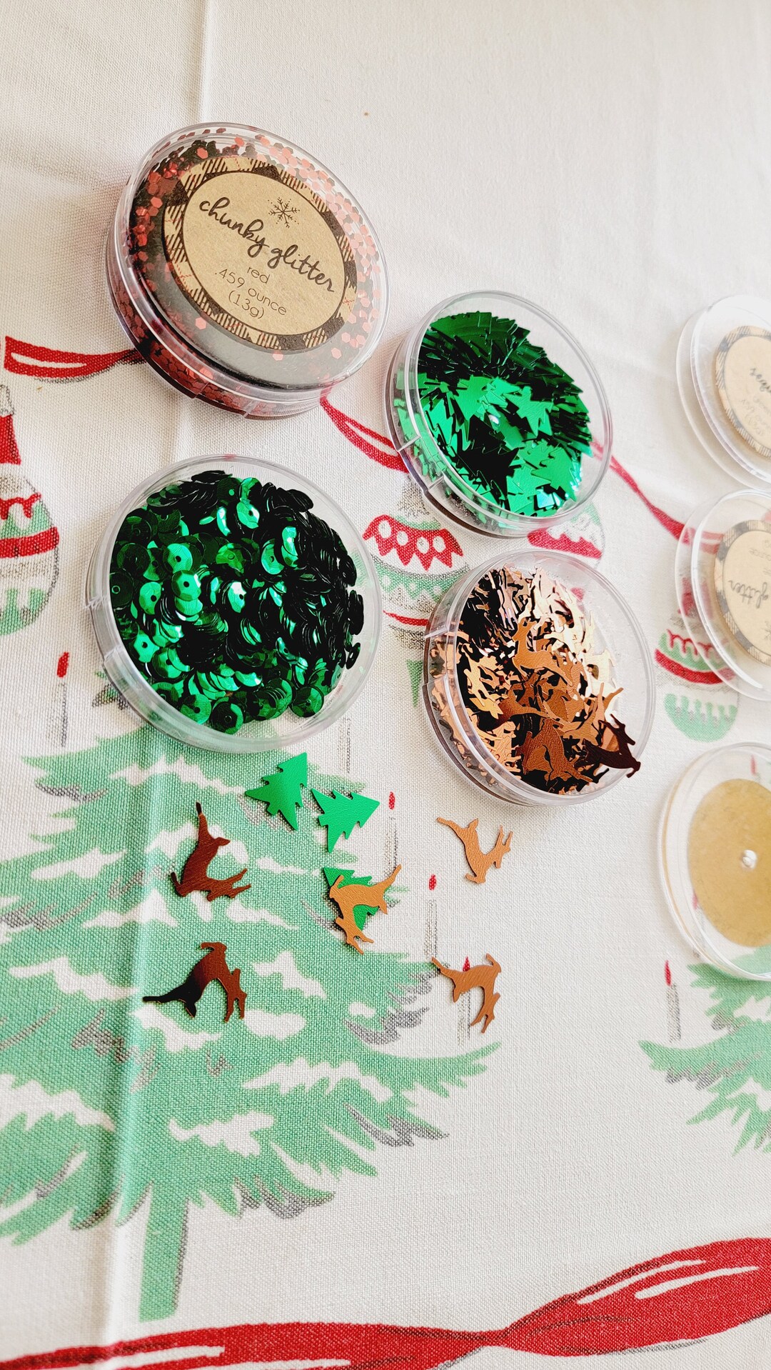 Vintage Christmas Sequins and Glitter Red Green Reindeer and Christmas ...