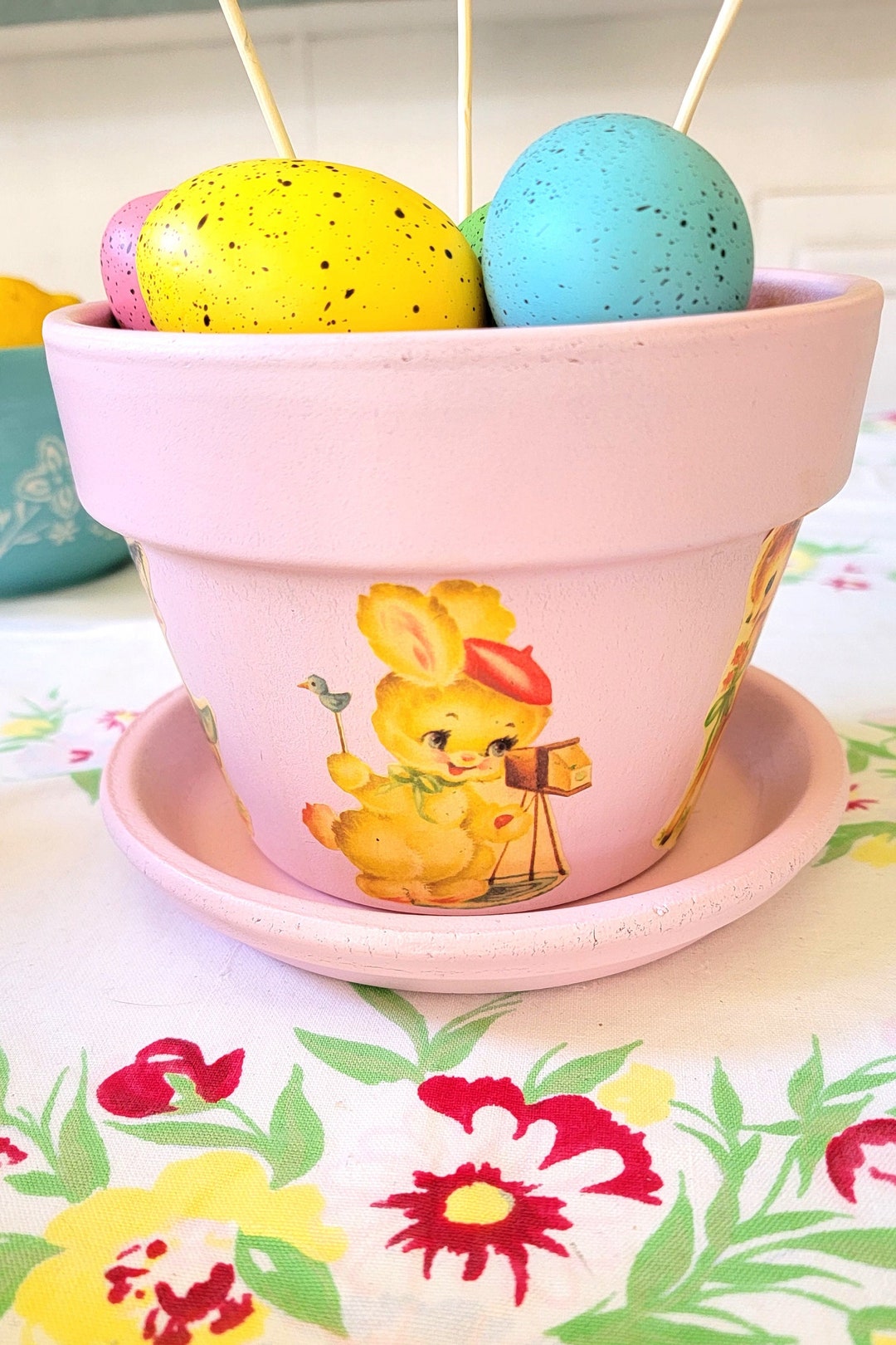 Upcycled Easter Flower Pot With Vintage Easter Bunny , Fawn & Duck ...