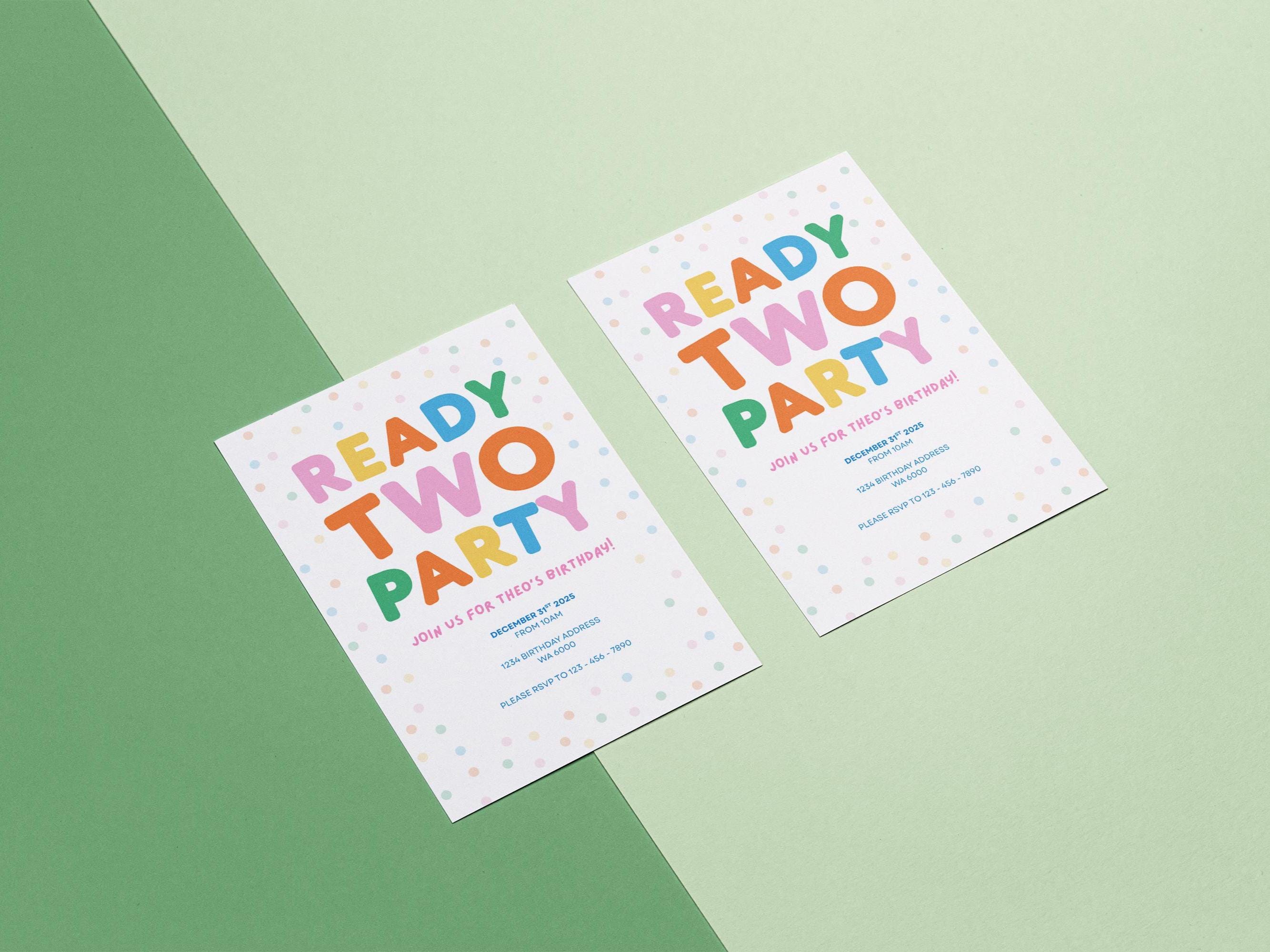Colourful 'ready TWO Party' 2nd Birthday Invitation – Editable Template ...