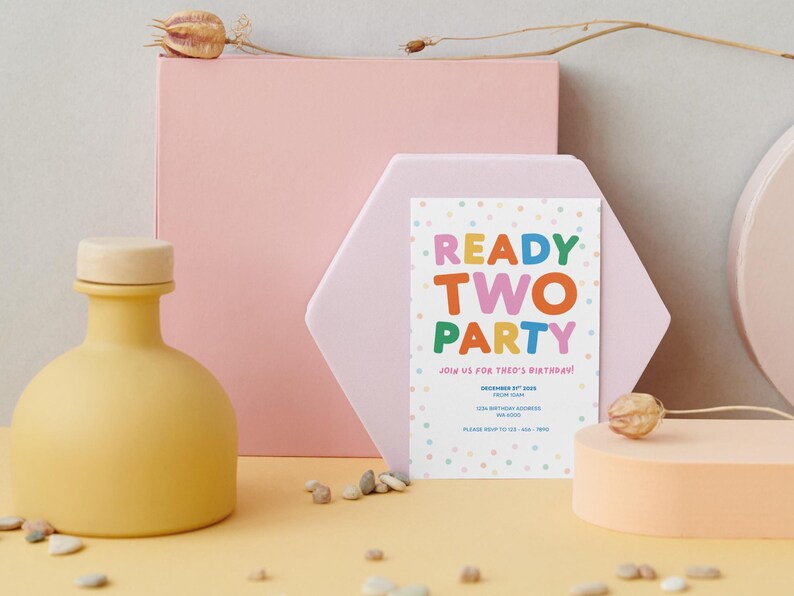 Colourful 'ready TWO Party' 2nd Birthday Invitation – Editable Template ...