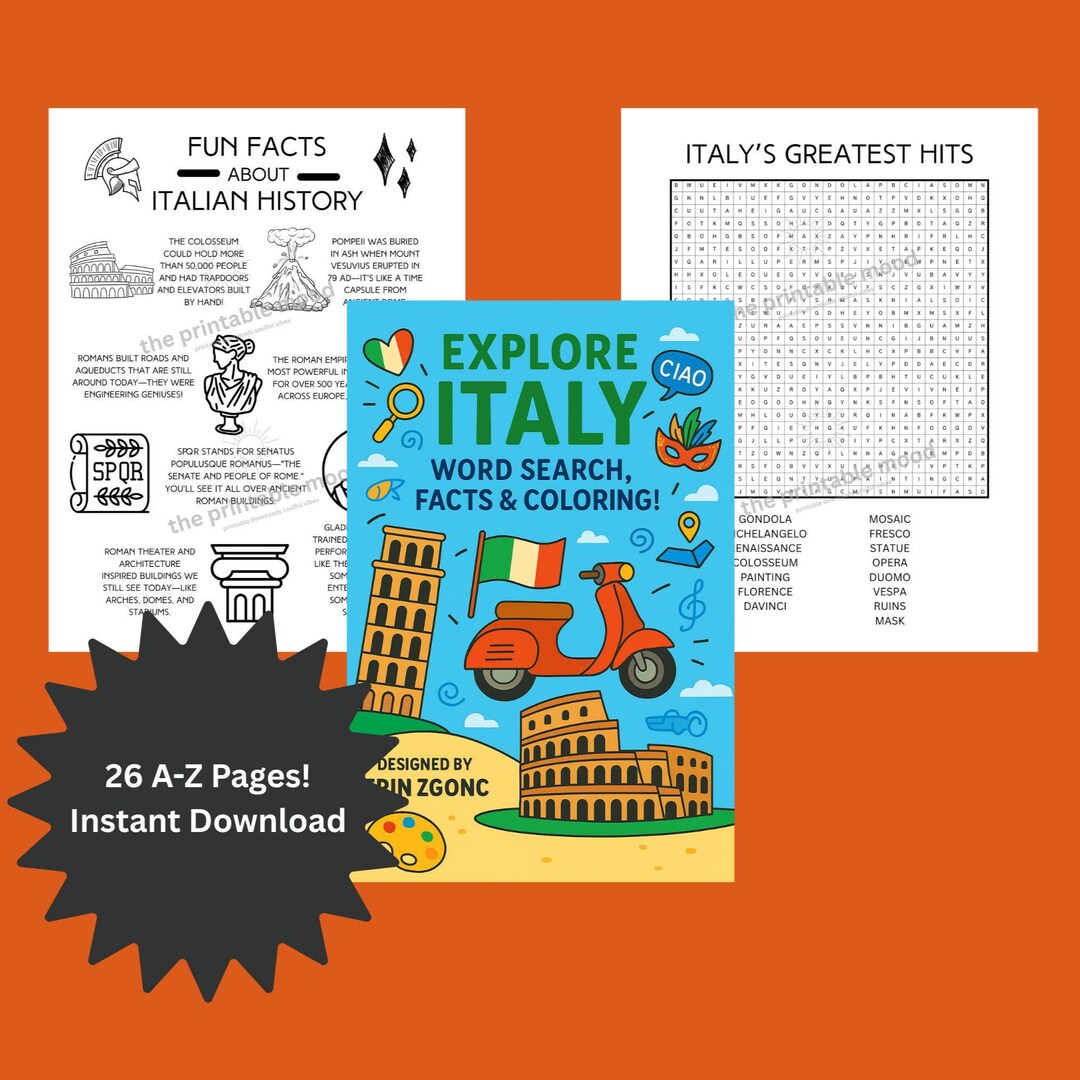 Explore Italy: Word Search, Fun Facts & Coloring! - Etsy
