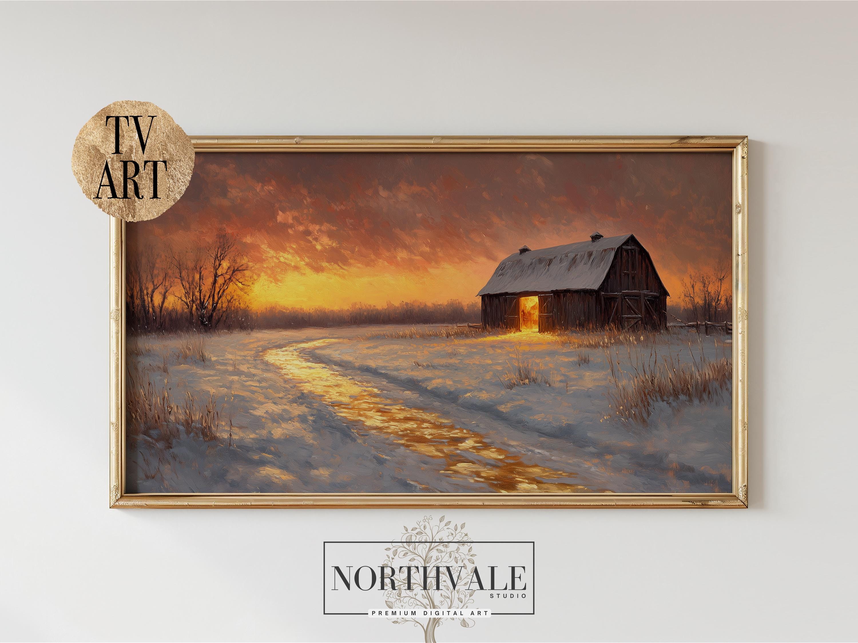 Rustic Winter Barn Scene, Moody Landscape Art, Frame TV Wall Decor ...