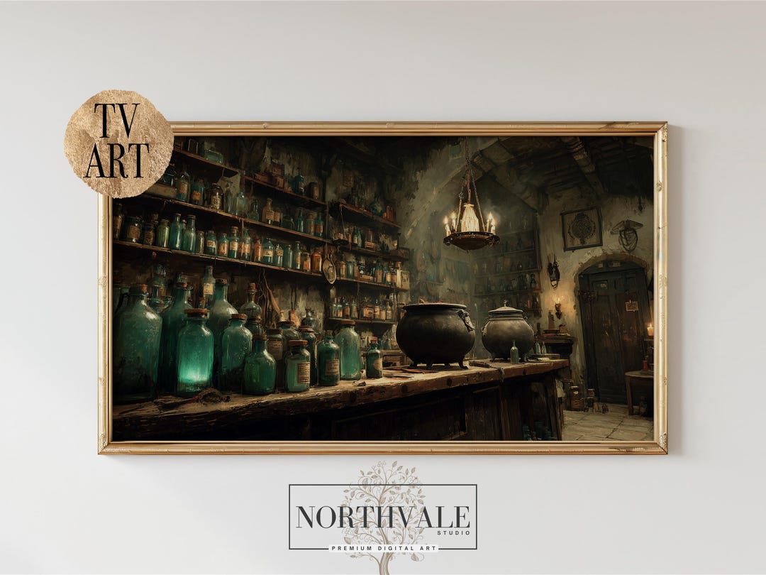 Ancient Apothecary Shelves Frame TV Art, Vintage Wizard's Interior ...