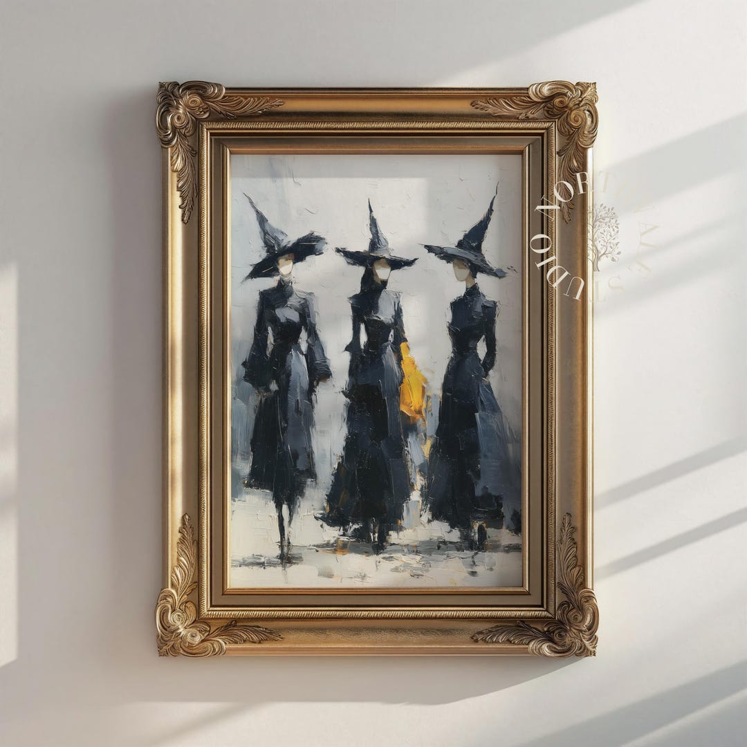 Vintage Witches - Printable Halloween Wall Art, Rustic Oil Painting ...