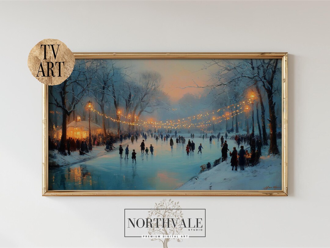 Vintage Winter Ice Skating Scene Frame TV Art, Children on Ice, Rustic ...