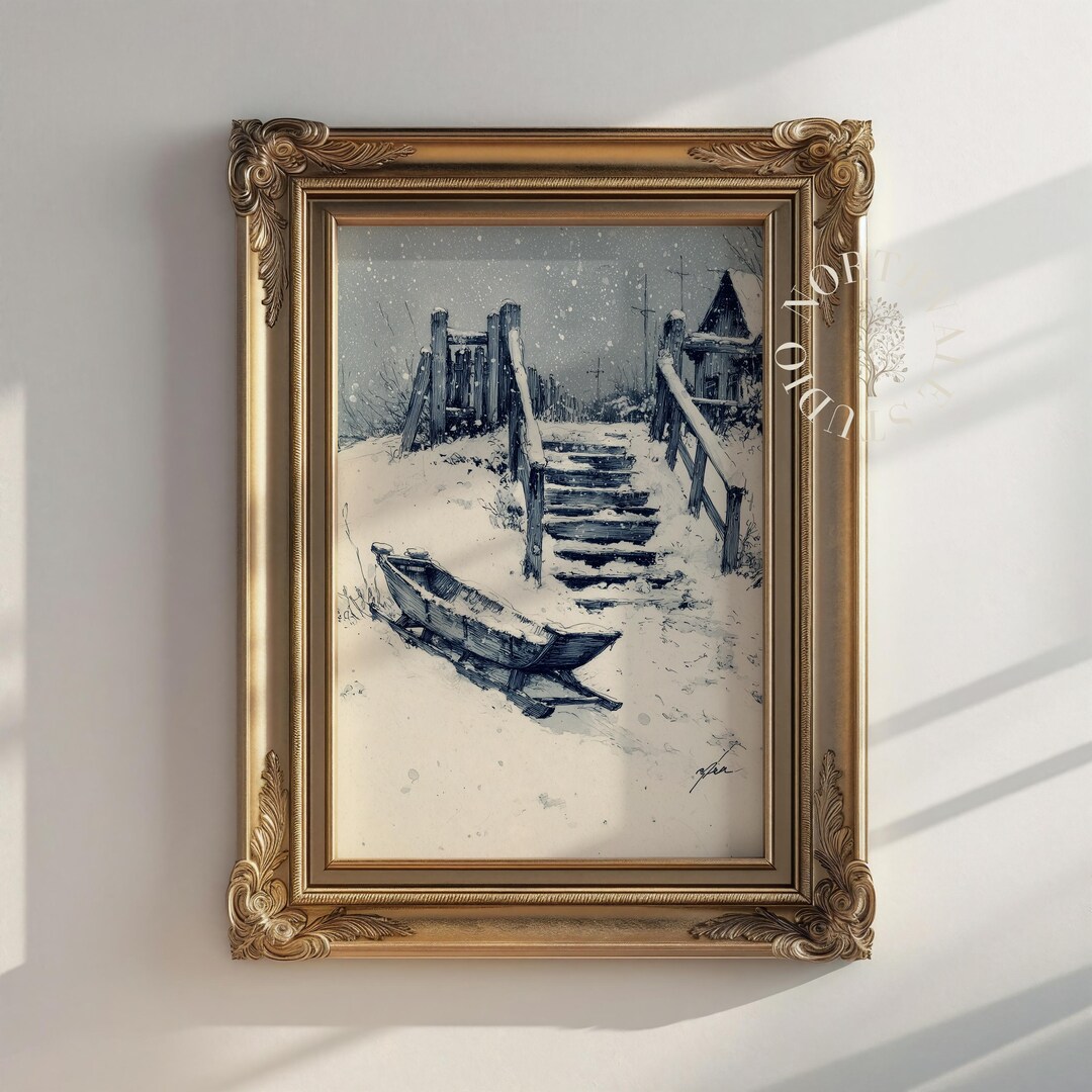 Winter Sled in Snow Scene - Vintage Ink Drawing, Rustic Cottage Decor ...