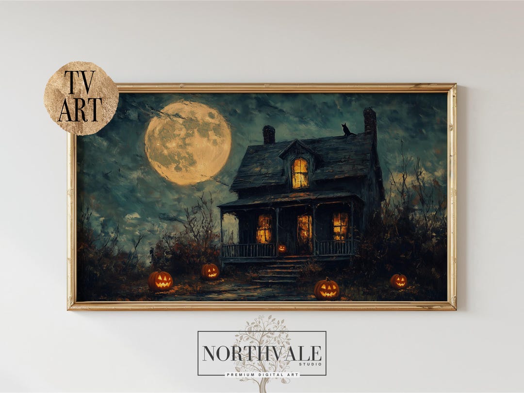 Haunted House Halloween Frame TV Art, Spooky Night Scene Decor, Moonlit ...