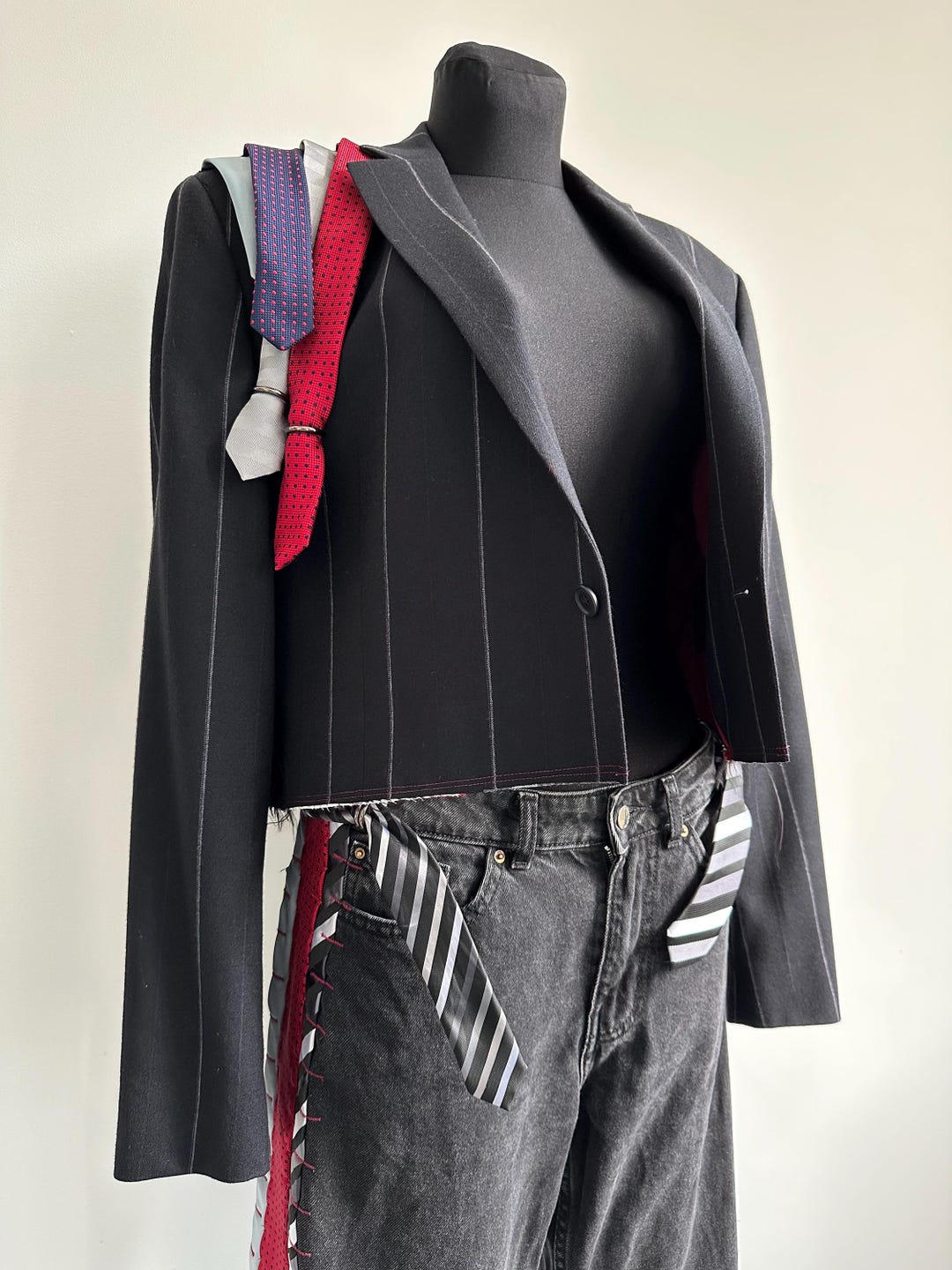 Upcycled Suit Set With Tie Details | Blazer & Jeans Two-piece ...