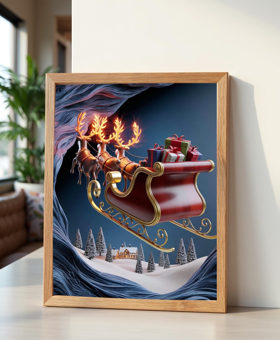 Santa Sleigh Christmas Art Print, Reindeer Over Village (digital ...