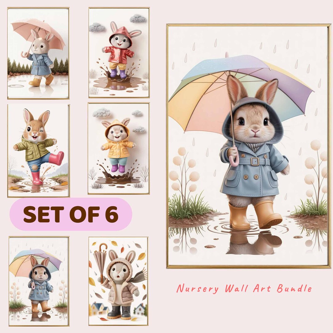 Printable Nursery Wall Art Set, Cute Bunnies in Rainy Day Scenes, Sweet ...