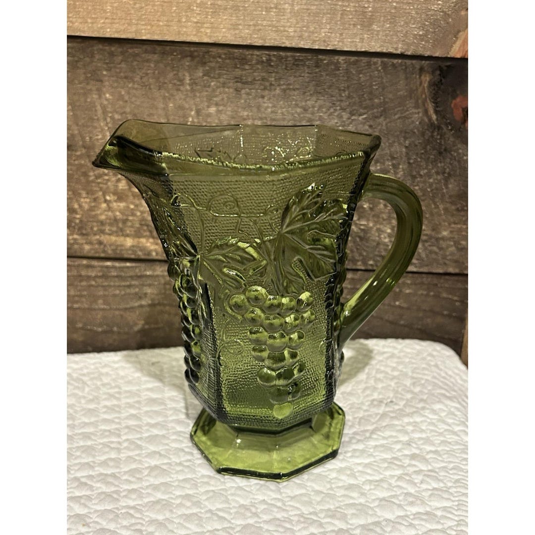 Vintage Anchor Hocking Olive Green Glass Pitcher Embossed Grapes Leaves ...