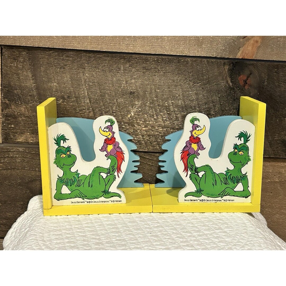 Vintage Dr Seuss Bookends Wooden Grinch Boo Yellow Henson Nursery Play ...