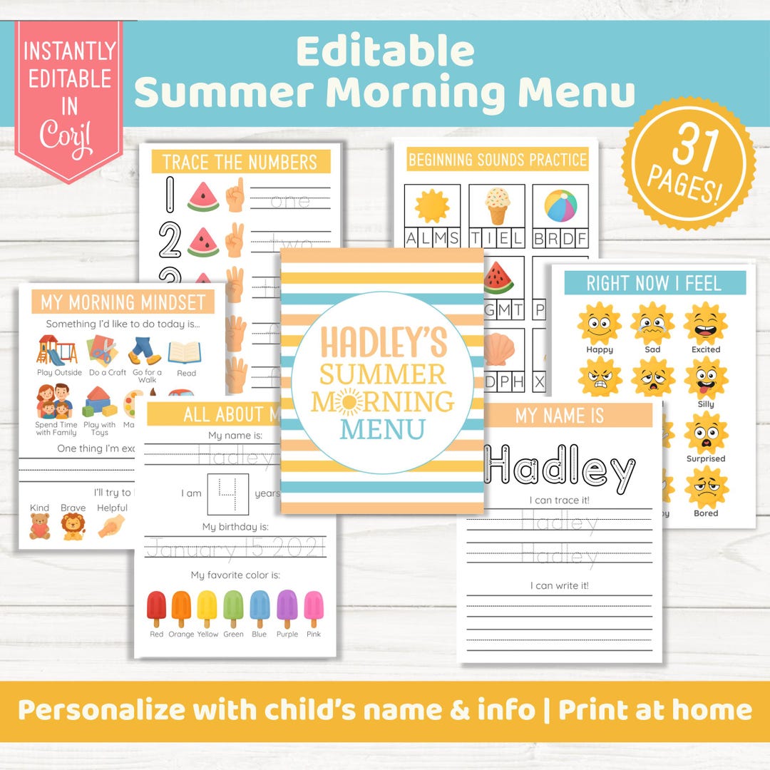 Editable Summer Morning Menu for Kids | Printable Worksheets Name ...