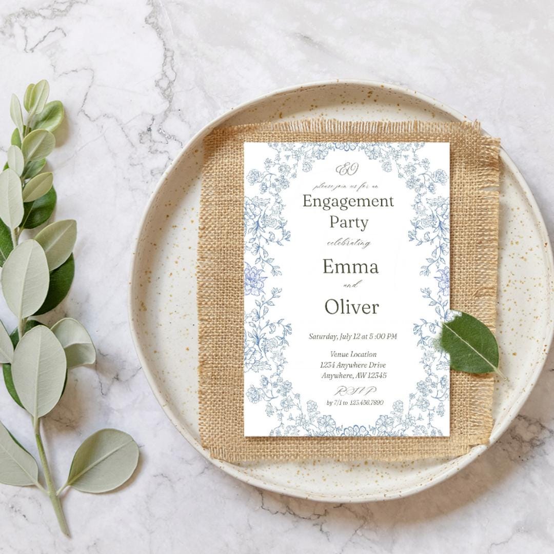 Editable Romantic Blue Engagement Party Invitation | Elegant Invite ...