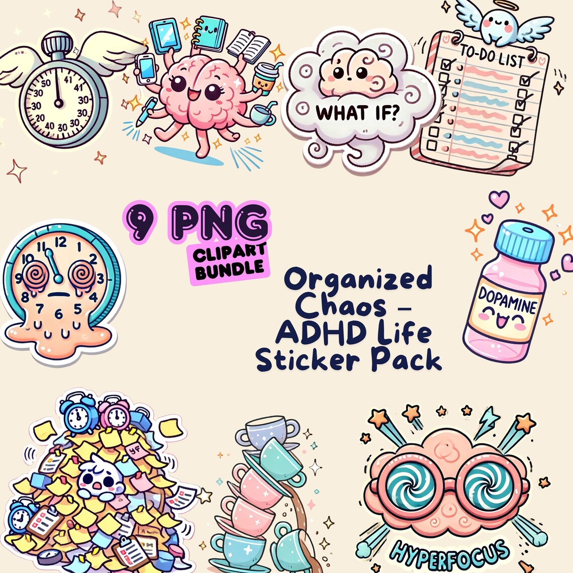 Organized Chaos – ADHD Life Sticker Pack | Cute Pastel Digital Stickers ...