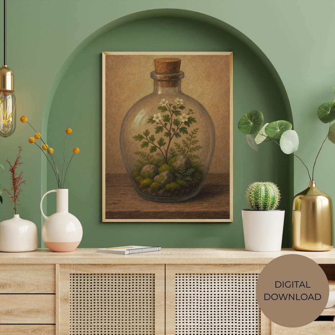 Rustic Hawthorn Plant in Bottle Art Print. Vintage Botanical Terrarium ...