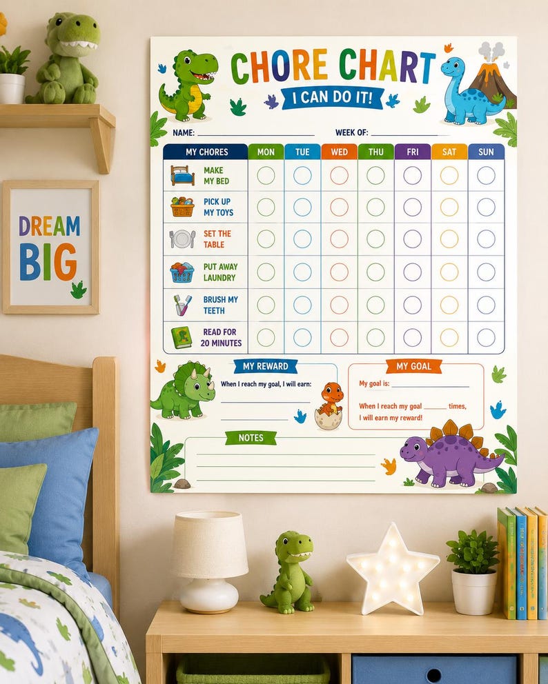 Dinosaur Chore Chart Printable for Kids | Weekly Responsibility Tracker ...