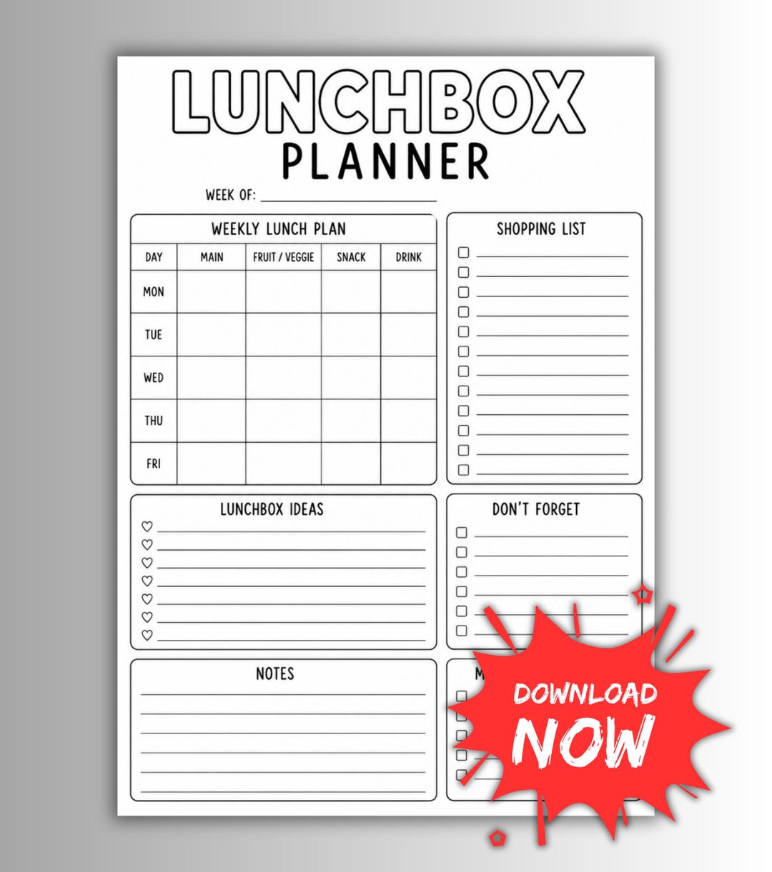 Weekly Lunch Planner Printable | Kids School Meal Organizer (digital ...