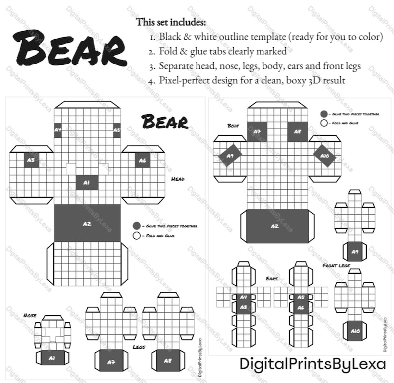 Bear Papercraft Template Color Yourself – DIY 3D Pixel Paper Model PDF ...